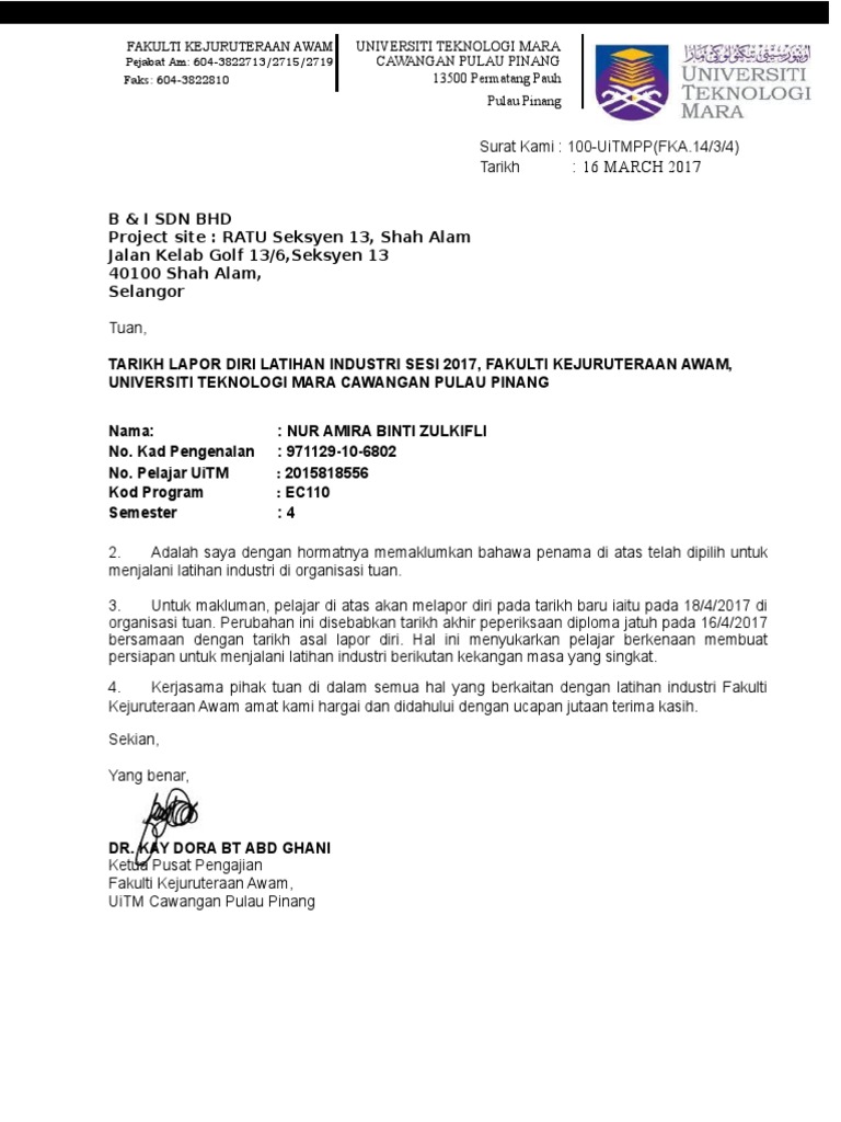 Surat Perubahan Tarikh Lapor Diri | PDF