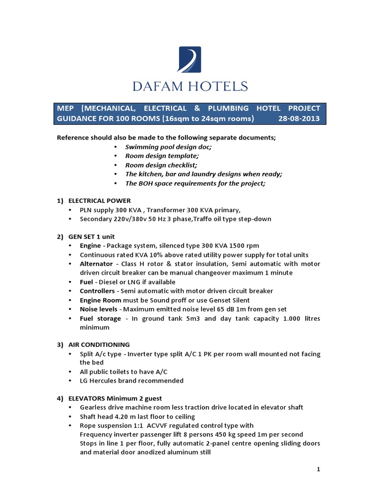 Mechanical, Electrical, and Plumbing Requirements for a 100-Room Hotel ...