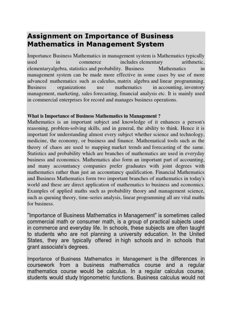 Assignment On Importance of Business Mathematics in Management System ...