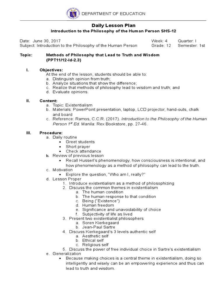 4.c. Philosophy Daily Lesson Plan Fri 30jun'17 | PDF | Existentialism ...