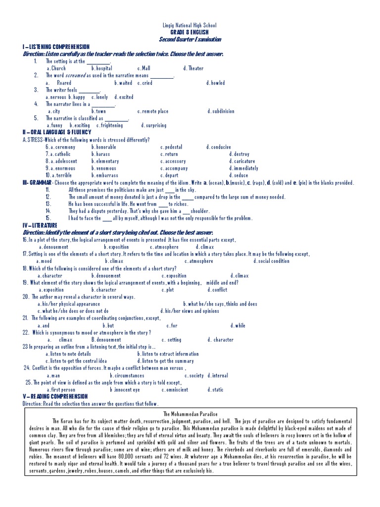 2nd Quarter Exam - Grade 8 English | PDF | Narration | Paradise