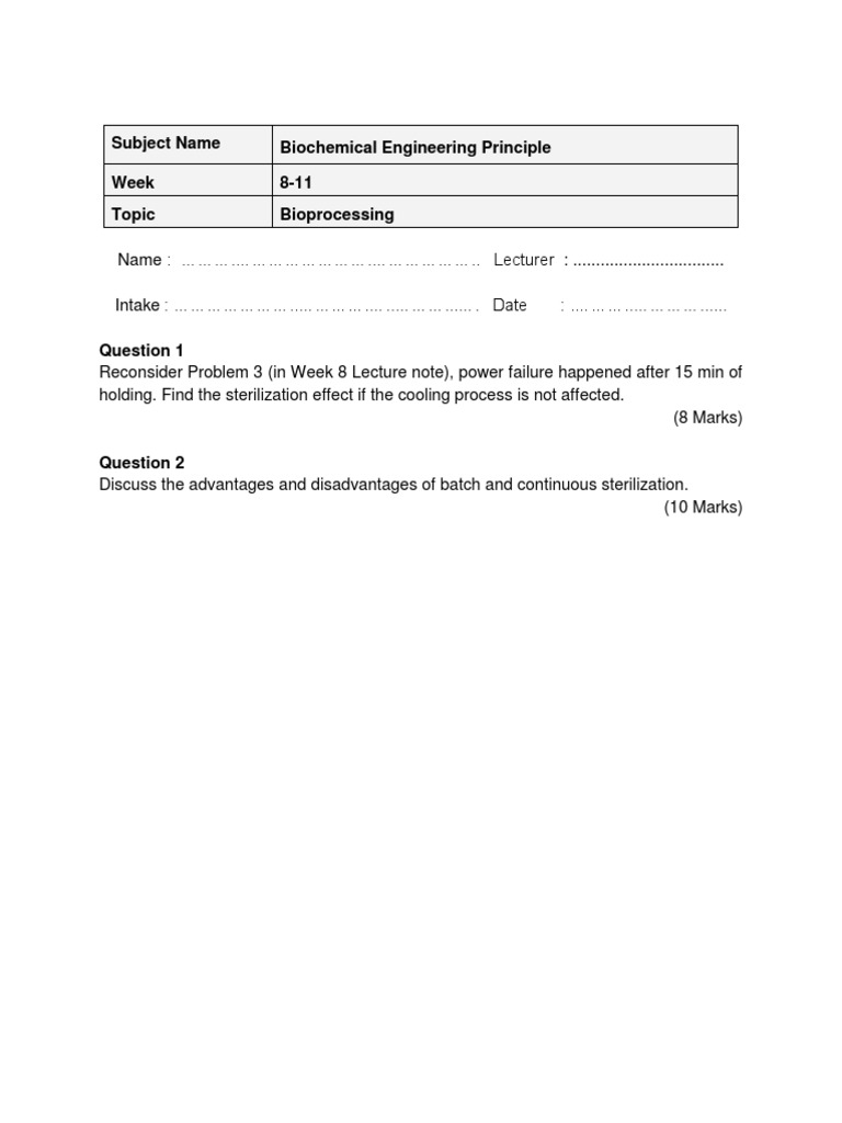 Subject Name Biochemical Engineering Principle Week 8-11 Topic ...