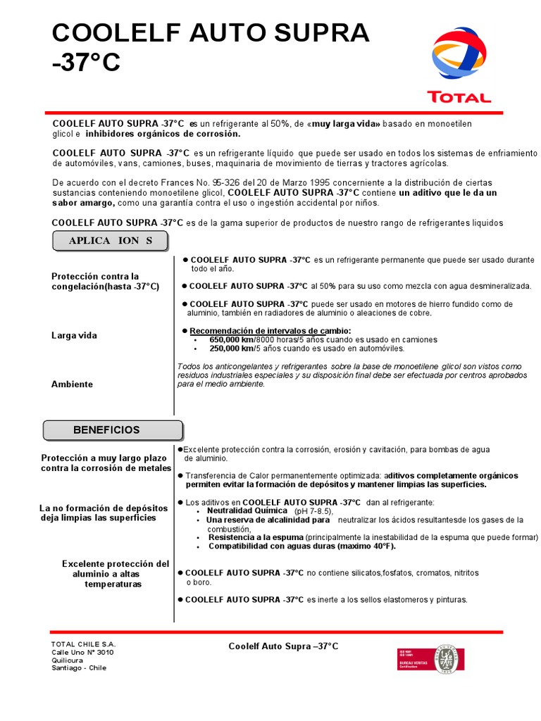 Coolelf Auto Supra -37°C: Refrigerante Eficaz | PDF | Aluminio | Materiales