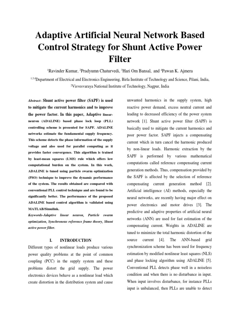Adaptive Artificial Neural Network Based Control Strategy For Shunt Active Power Filter | PDF ...