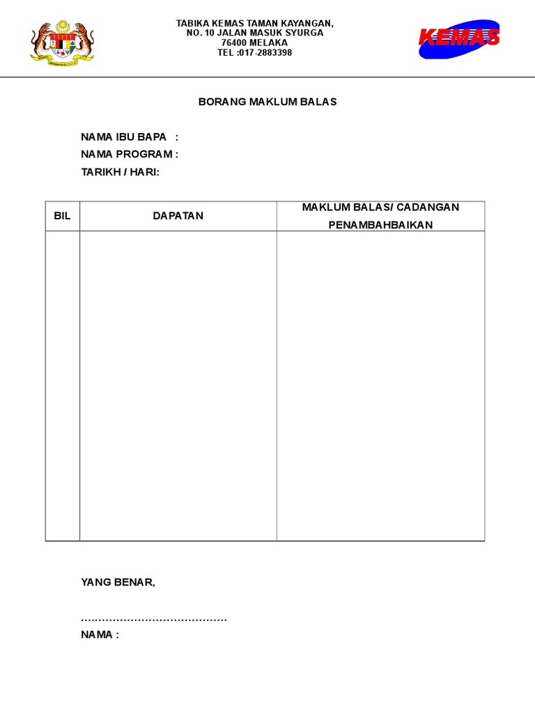 Borang Maklum Balas Ibu Bapa