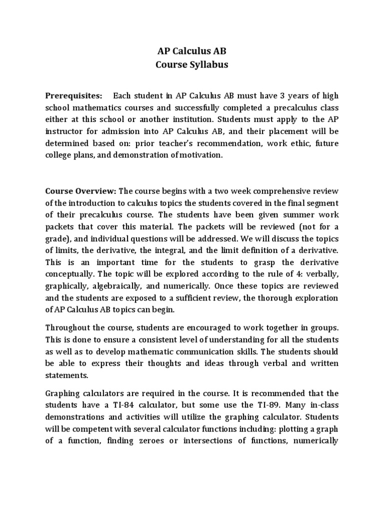AP Calculus AB Course Syllabus: Prerequisites: Each Student in AP ...