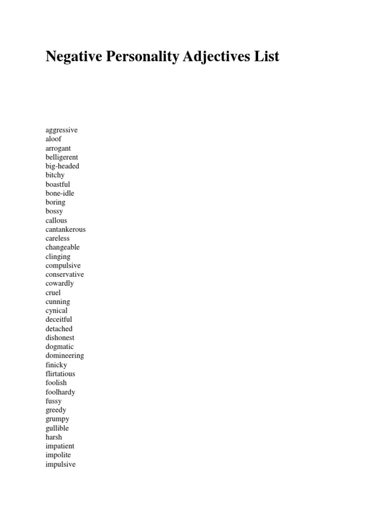 Negative Personality Adjectives List | PDF