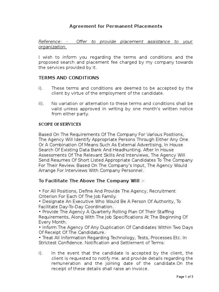 Permanent Placement Agreement Terms | PDF | Invoice | Business