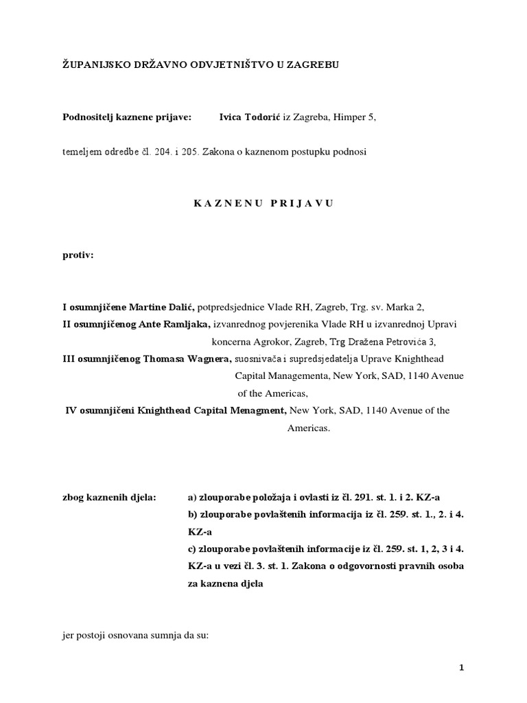 Kaznena Prijava Ivice Todorića | PDF