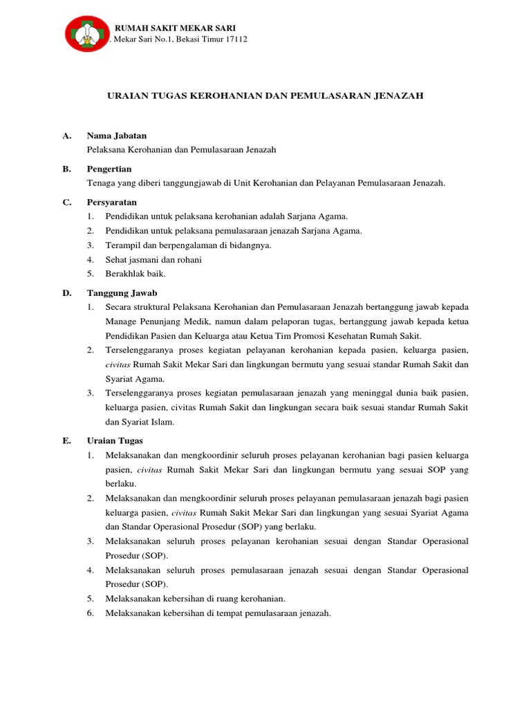 Uraian Tugas Kerohanian Dan Pemulasaran Jenazah | PDF