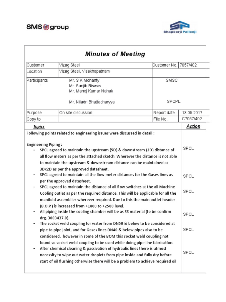 Engineering Meeting Minutes - 13.05.2017 | PDF | Pipe (Fluid Conveyance ...