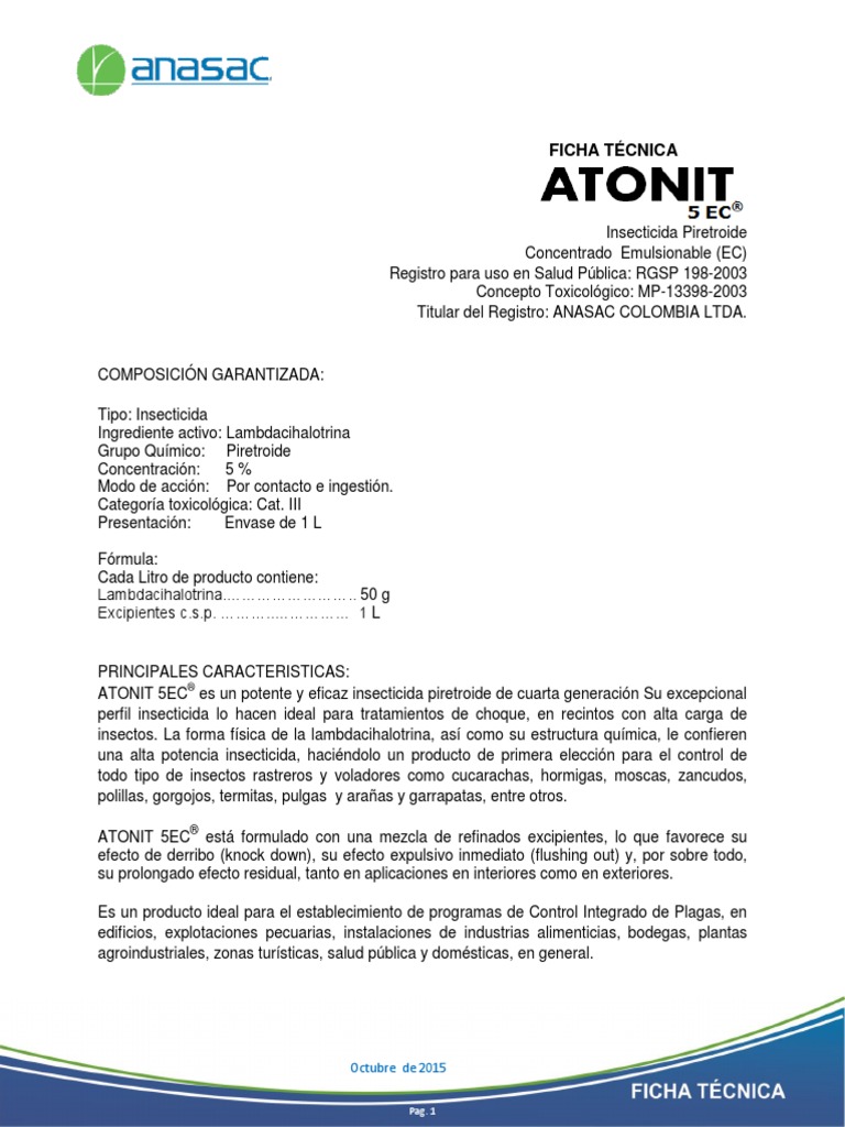 Ficha Tecnica Atonit 5 Ec | PDF | Insectos | Insecticida