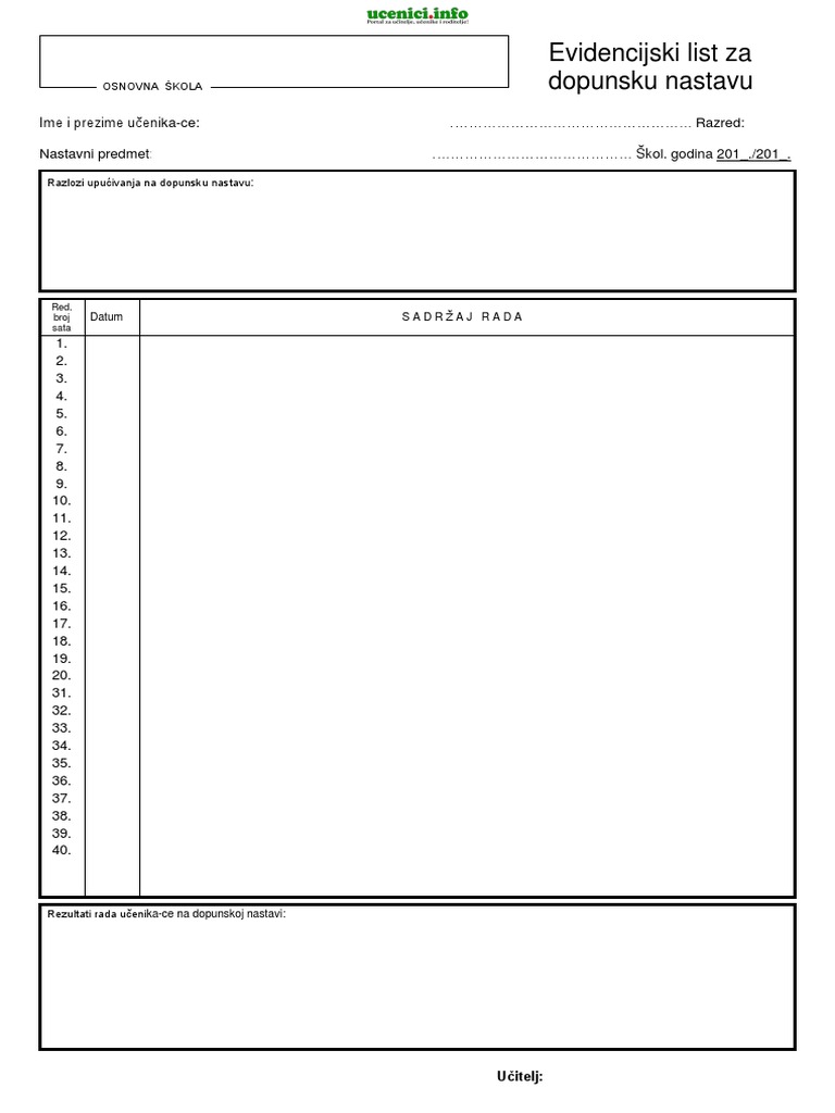 Evidencijski List Za Dopunsku Nastavu | PDF