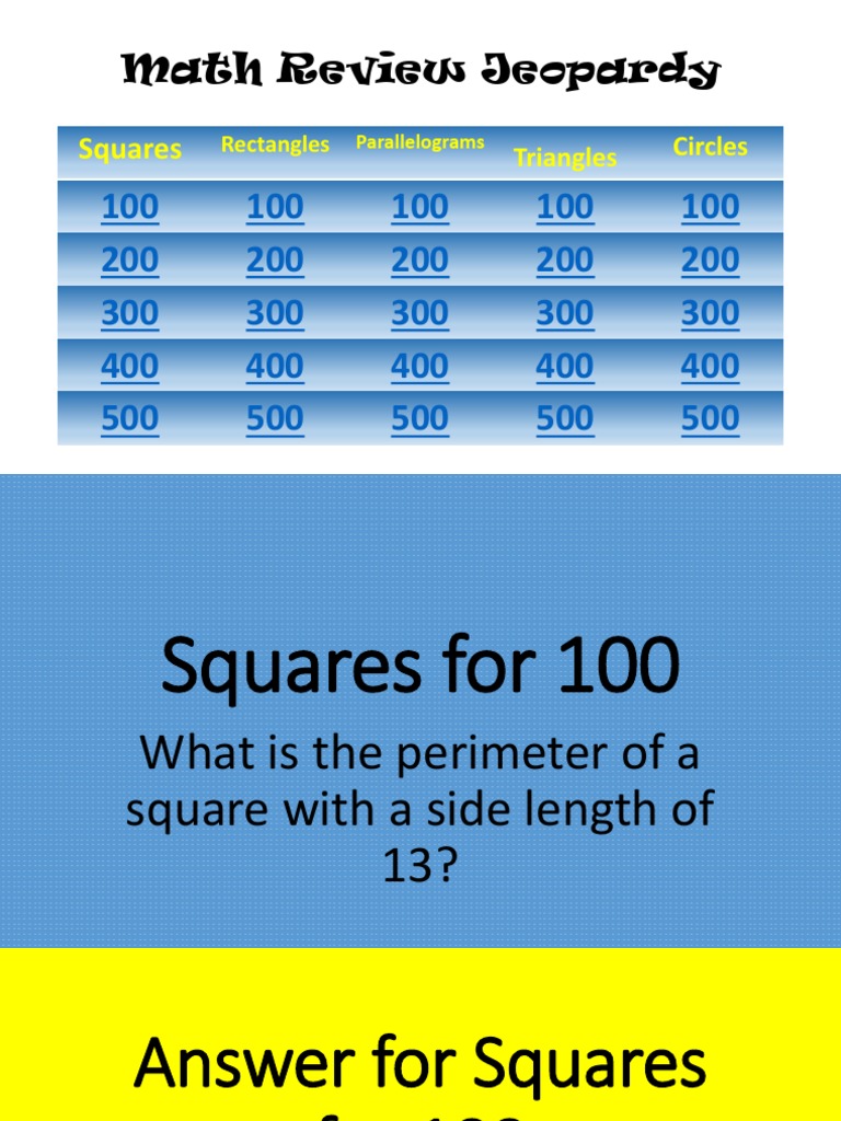 Math Jeopardy: Area & Perimeter Review | PDF