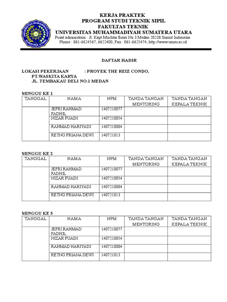 Daftar Hadir Kerja Praktek | PDF