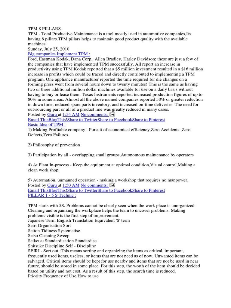 TPM 8 Pillars | PDF | Reliability Engineering | Quality Assurance
