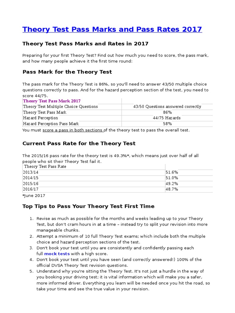 Theory Test Pass Marks and Pass Rates 2017 | Test (Assessment) | Cognition