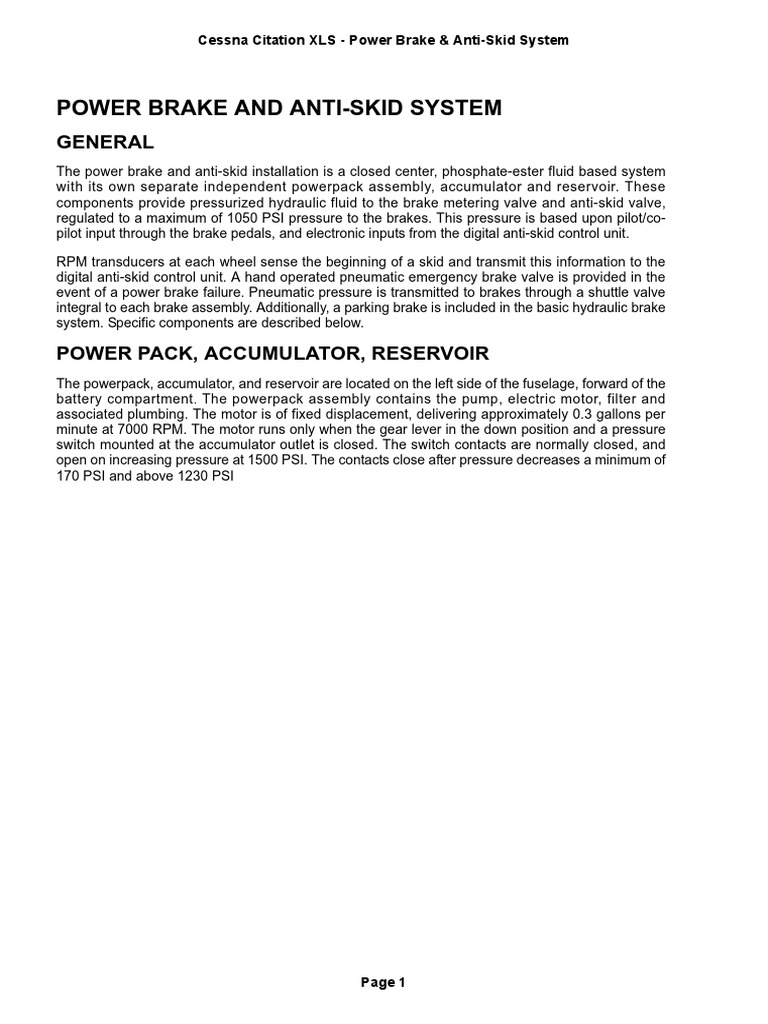 Cessna Citation XLS-Power Brake and Antiskid System | PDF | Brake ...