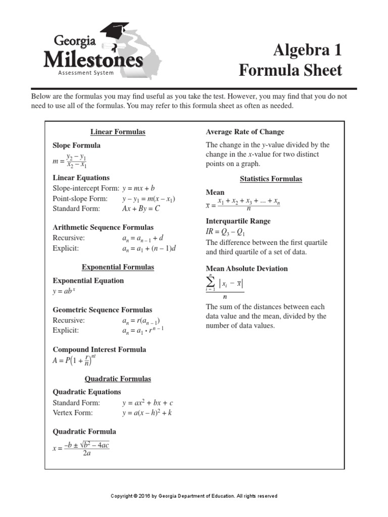 Algebra1 Formulasheet | PDF | Quadratic Equation | Mathematical Concepts
