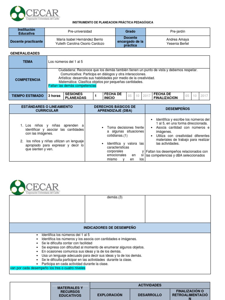 Los Numeros Del 1 Al 5 Plan de Clase | PDF | Creatividad | Maestros