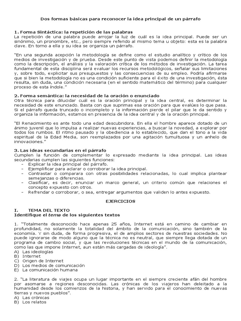 Comprensión Lectora Tema e Idea Principal | PDF | Oración (Lingüística ...
