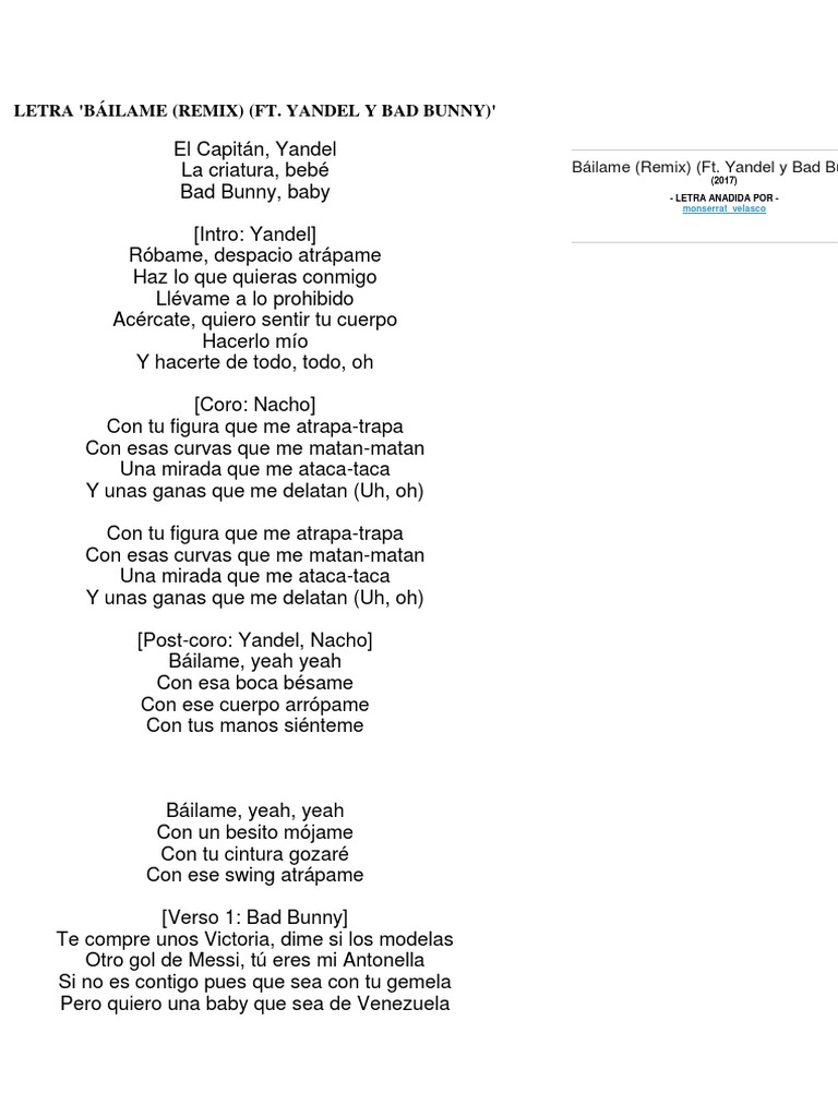 Letra de la canción 'Báilame (Remix) (Ft. Yandel y Bad Bunny)' de Nacho ...