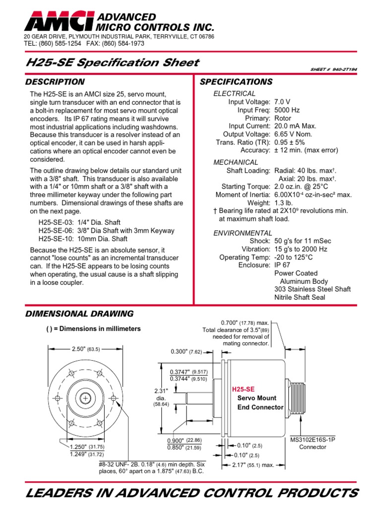 H25-SE Specification Sheet: Leaders in Advanced Control Products | PDF