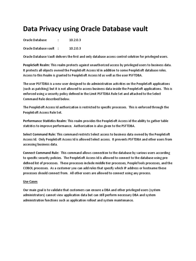 Data Privacy Using Oracle Database Vault | PDF | Databases | Health Insurance Portability And ...