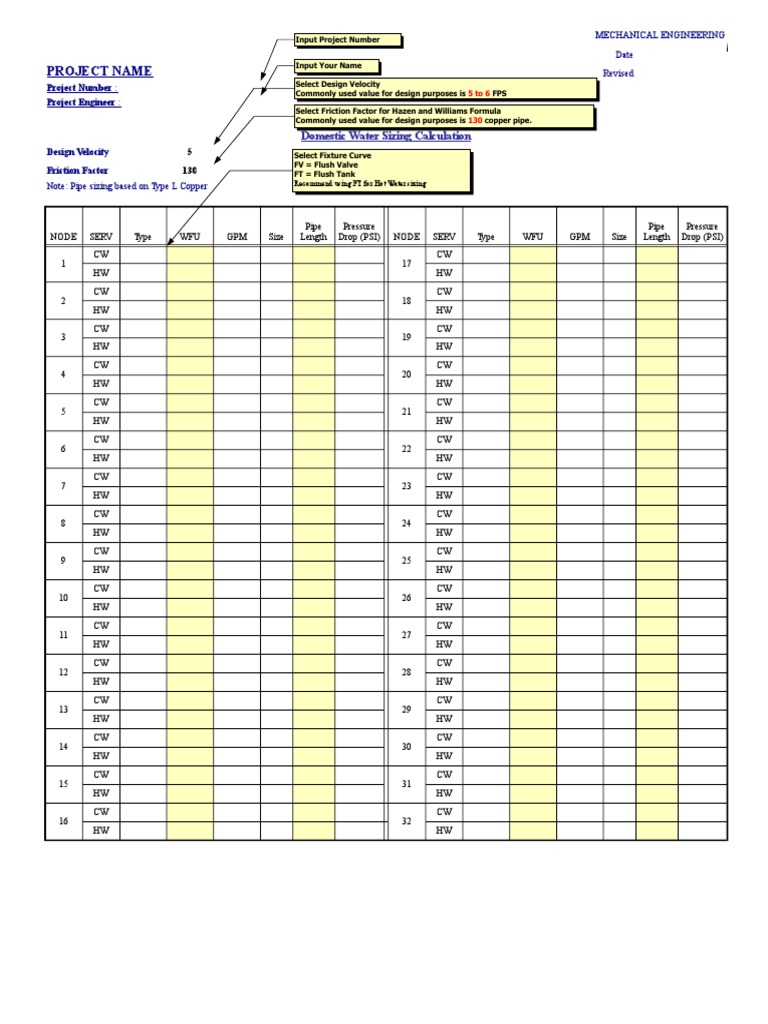 Domestic Water Sizing Calculation: Select Design Parameters and Pipe ...