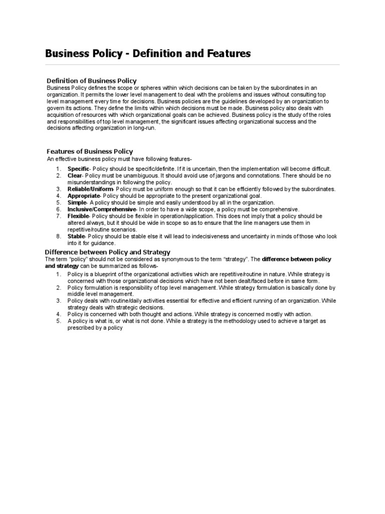 Business Policy - Definition and Features | PDF | Business | Cognition