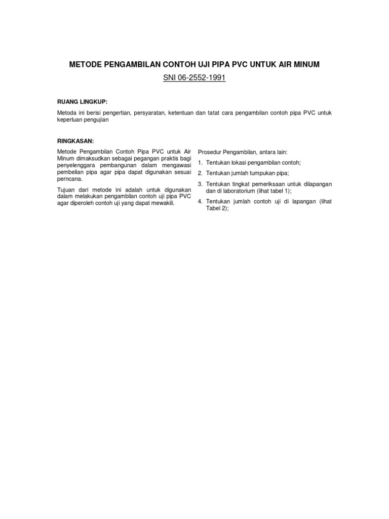 SNI 06-2552-1991 Metode Pengambilan Contoh Pipa PVC Untuk Air Minum | PDF