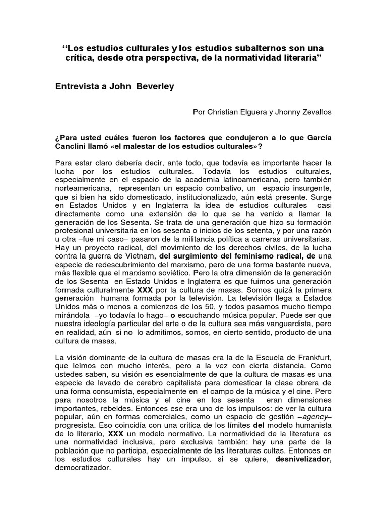 Entrevista a John Beverley sobre estudios culturales | PDF | Estudios ...