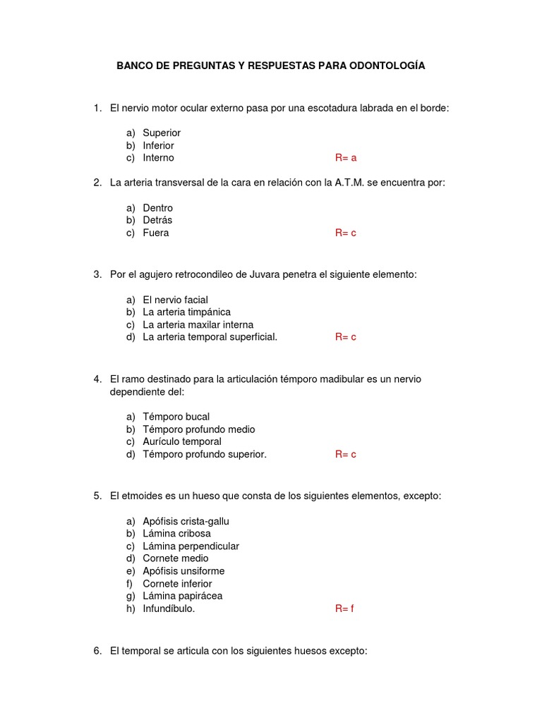 CMYO 2015 Banco de Preguntas y Respuestas Odontologia.pdf | Higiene oral | Anatomía humana