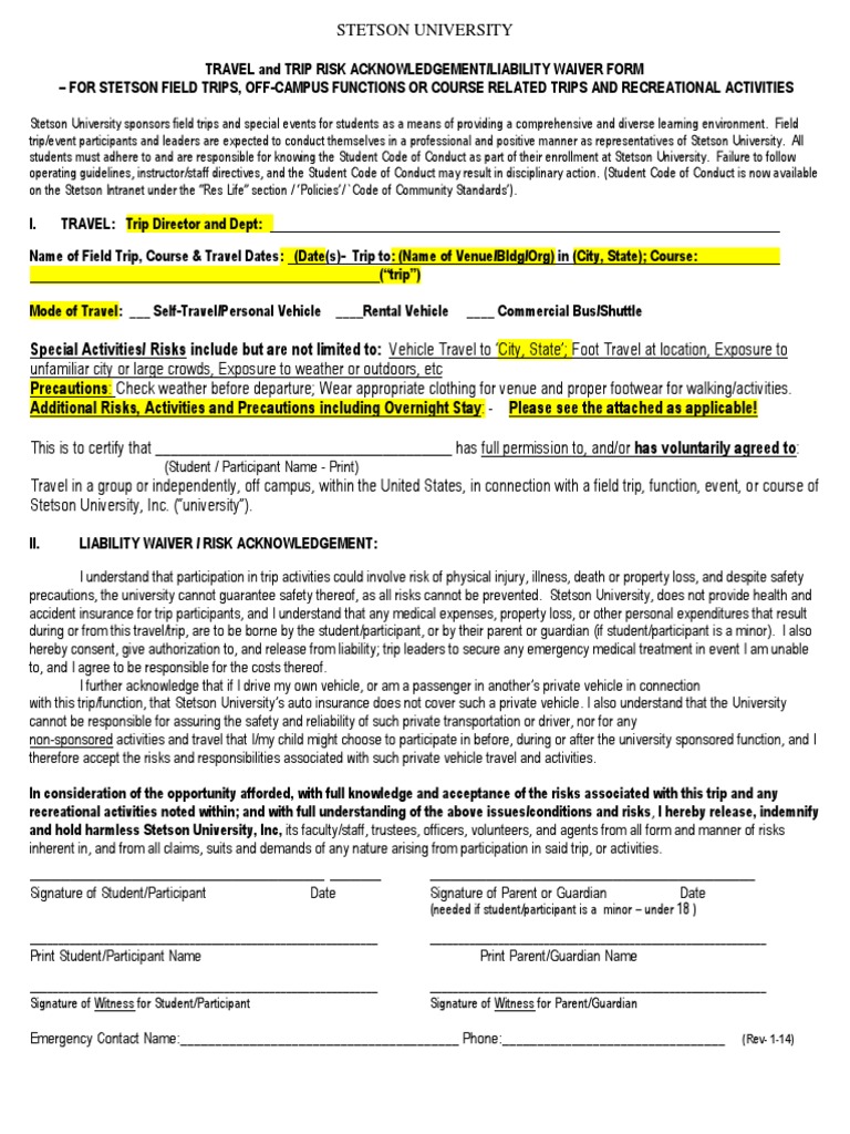 Travel and Trip Risk Acknowledgement Liability Waiver Form | PDF ...