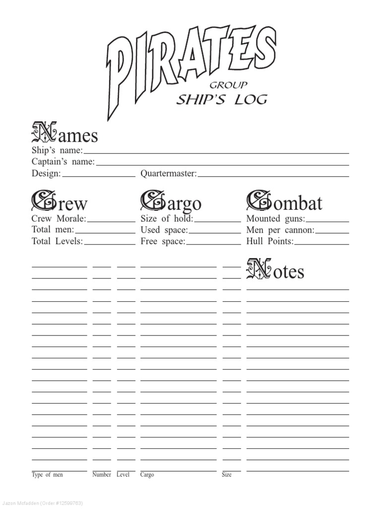 Pirates Character Sheets and Captains Log | PDF | Ships | Shipping