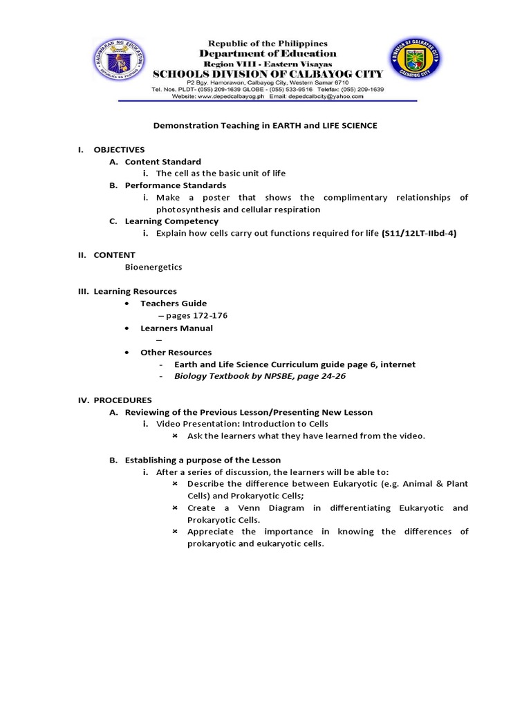 Daily Lesson Plan in Earth and Life Sciencedemo | PDF | Eukaryotes ...