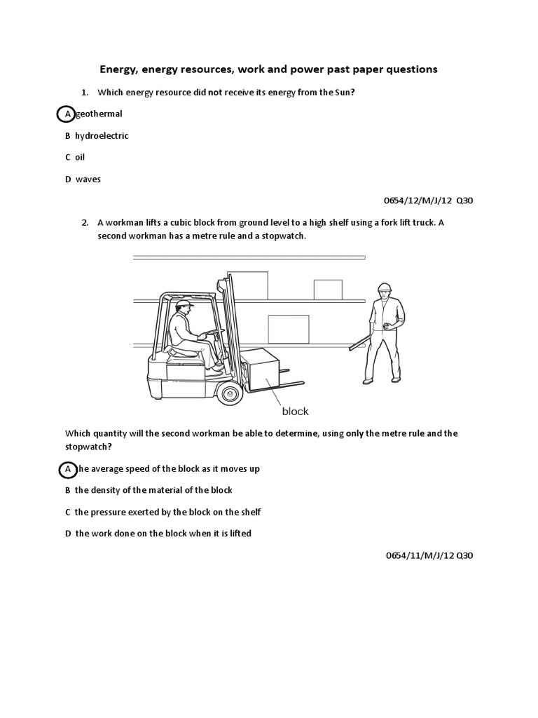 Past Paper Questions Energy Work and Power Answers (3) | Power Station ...