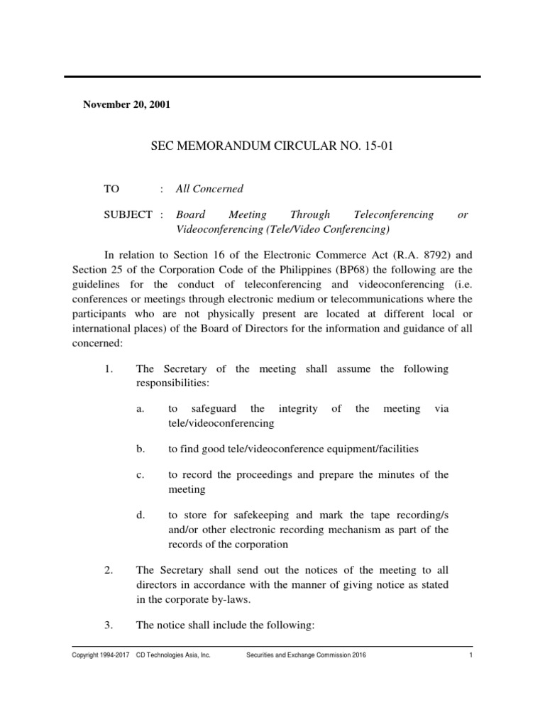 SEC Memo Circular 15-01 Board Meeting Through Teleconferencing PDF ...