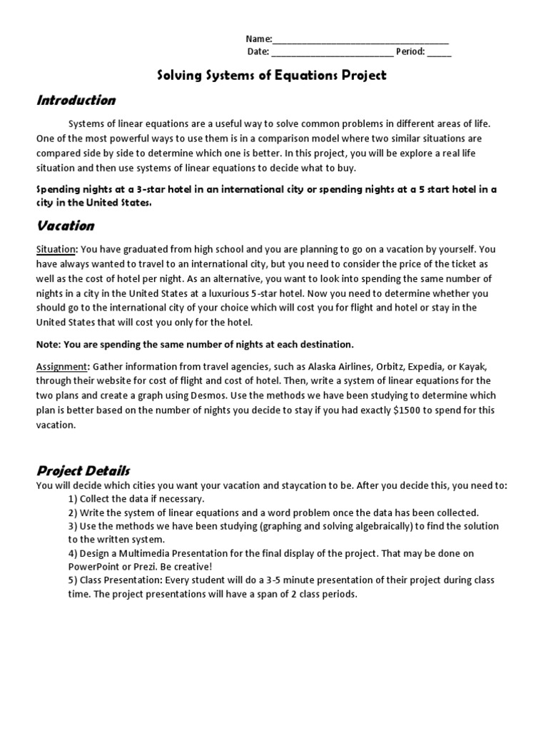 Solving Systems of Equations Vacation Project | PDF | Equations ...