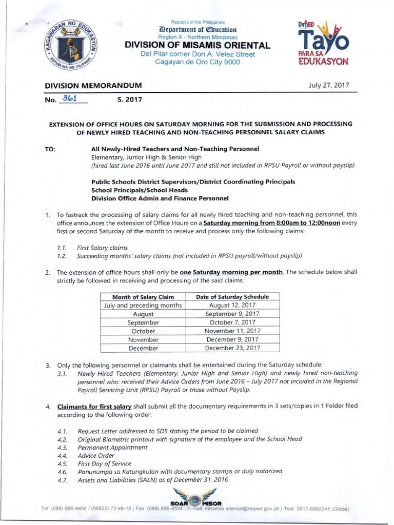 DepEd MisOr - Salary Claims Requirements & Schedule of Submission | PDF ...
