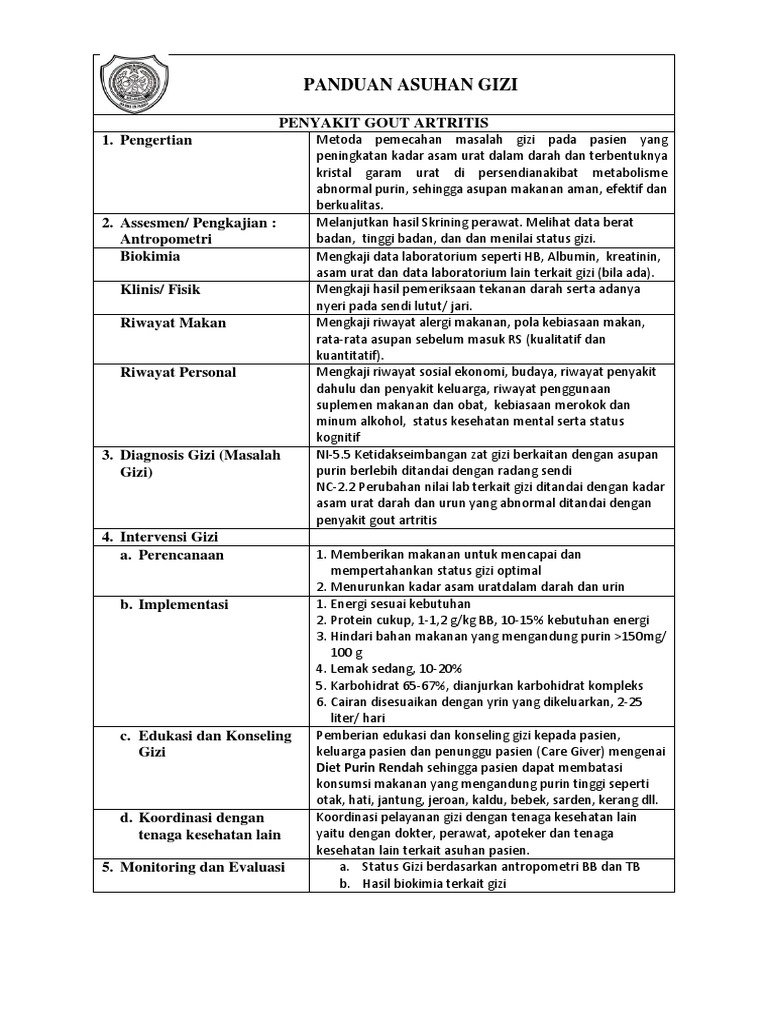 Panduan Asuhan Gizi Penyakit Gout Artritis | PDF