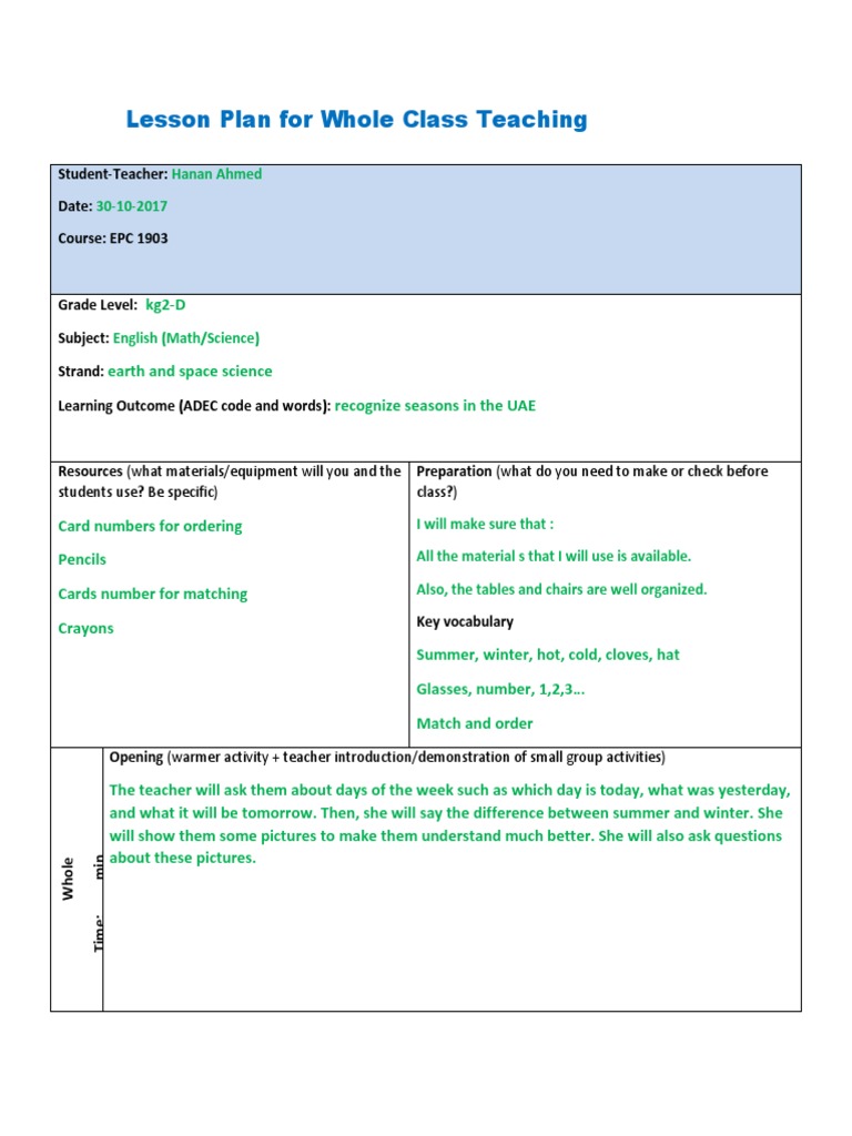 Lesson Plan For Whole Class Teaching: Hanan Ahmed 30-10-2017 | PDF ...