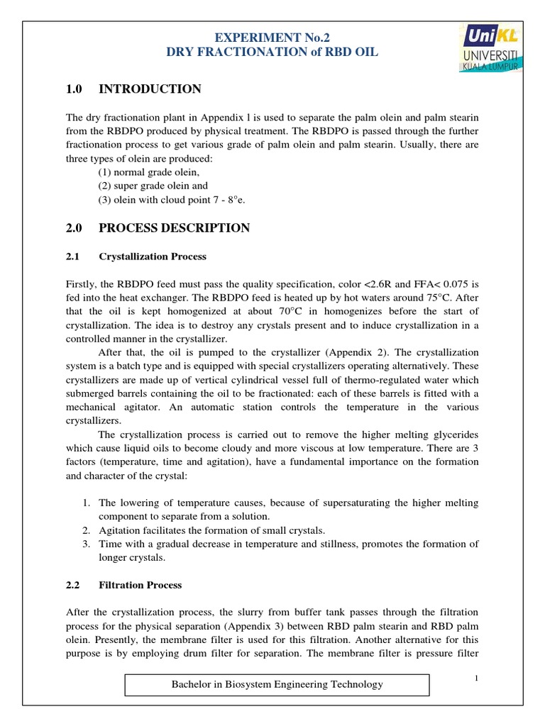 Dry Fractionation of RBD Palm Oil | PDF | Filtration | Crystallization