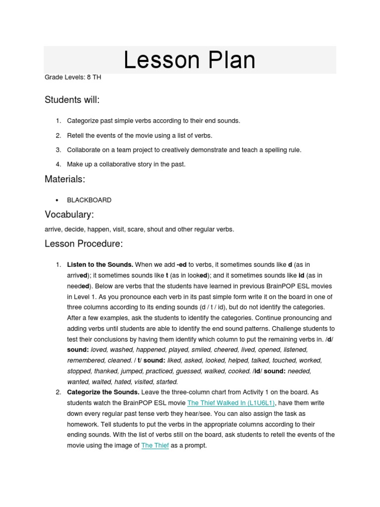Lesson Plan. A Viii-A Past Simple | PDF | Syllable | Stress (Linguistics)