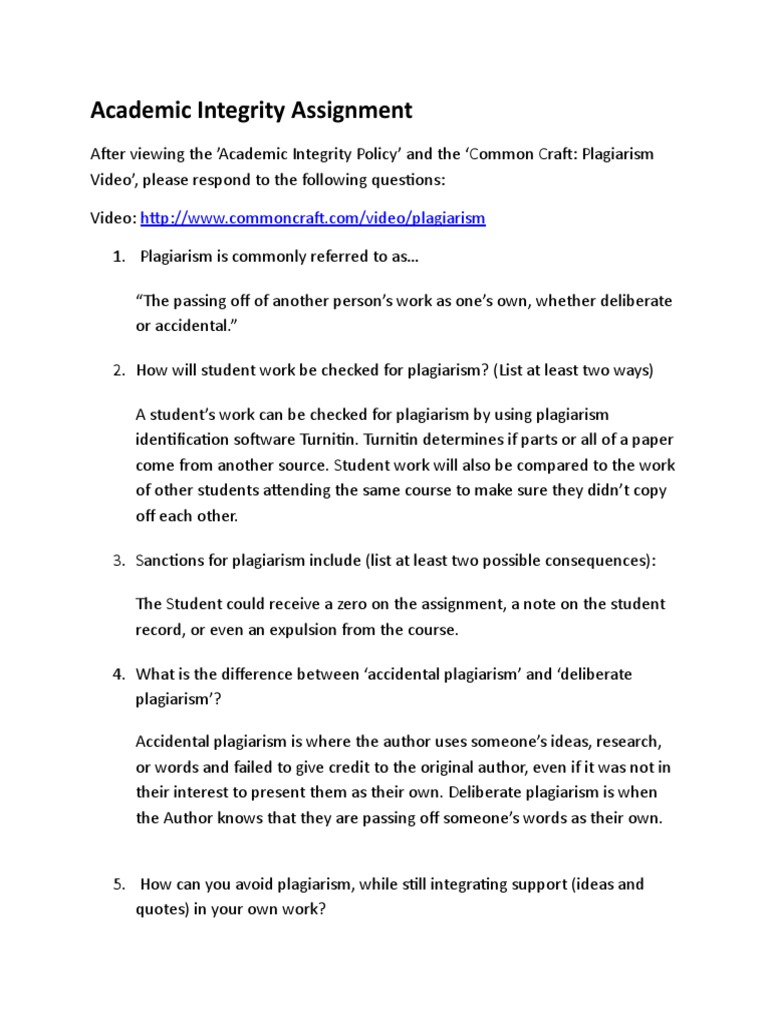Academic Integrity Assignment | PDF | Academic Integrity | Plagiarism