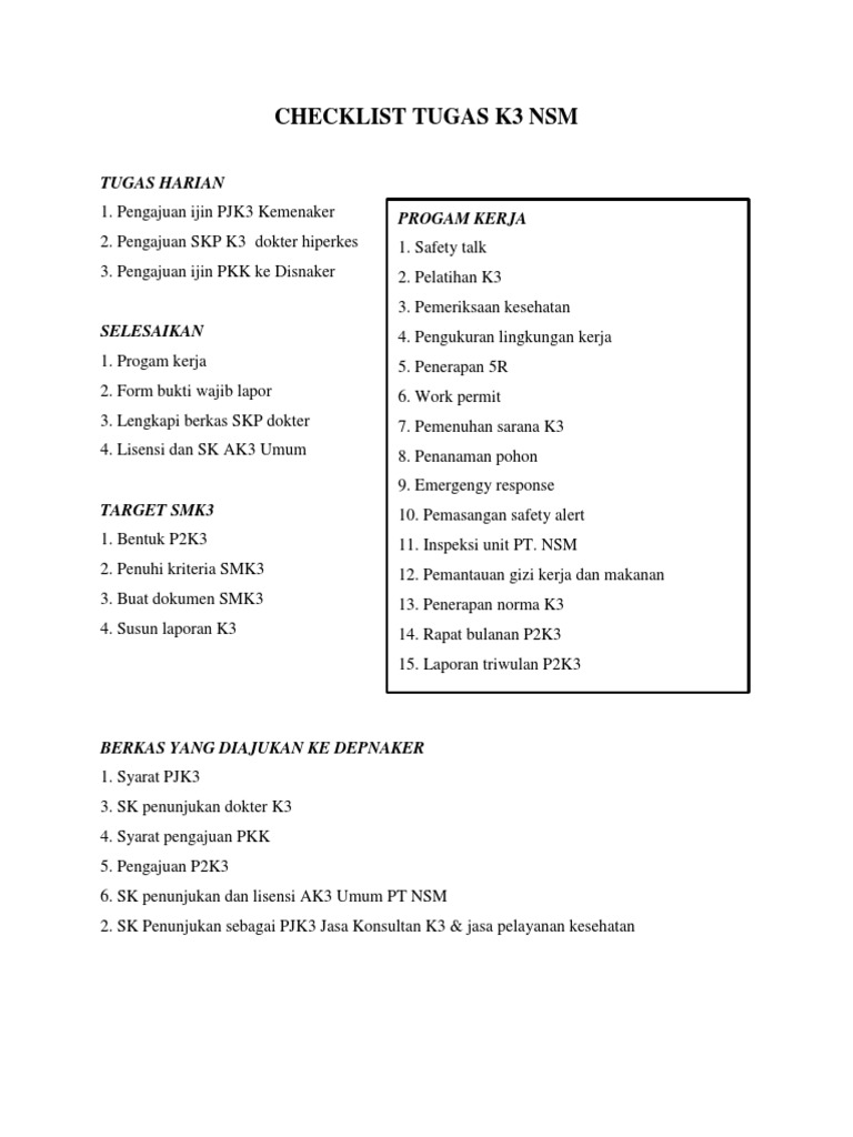Checklist Tugas k3 | PDF