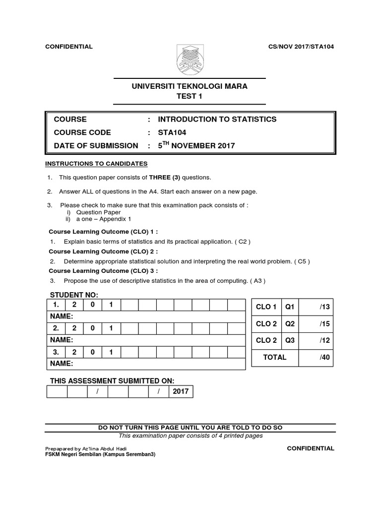 STA104 Test 1: Statistics Concepts | PDF | Mode (Statistics) | Skewness