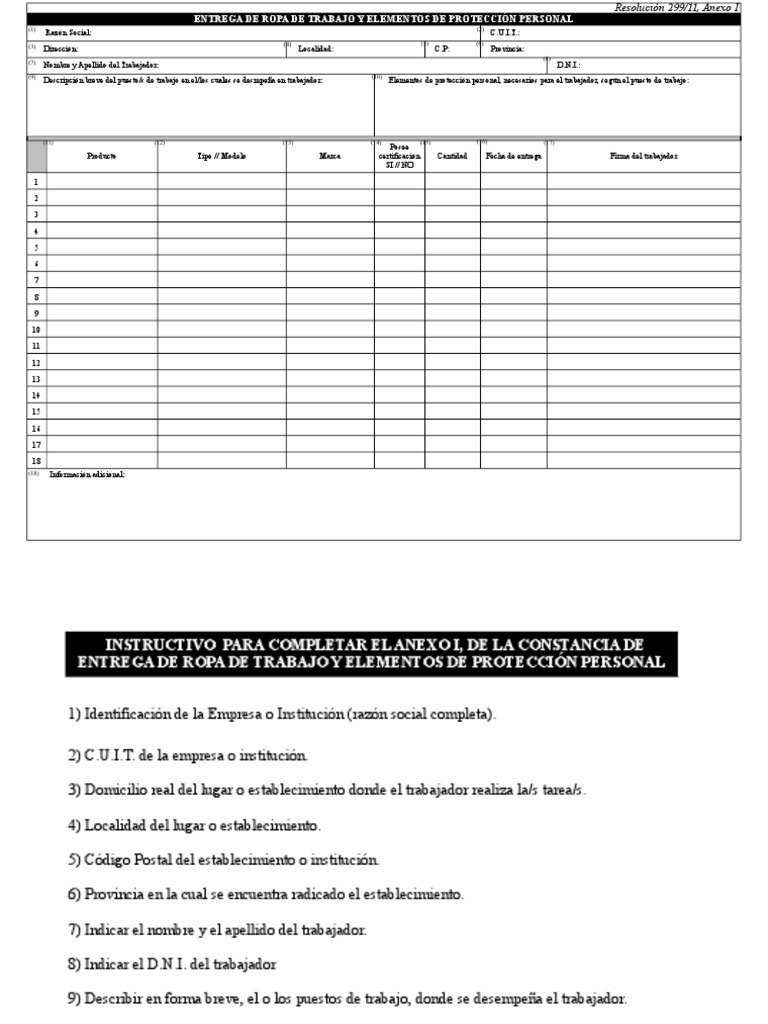 Resolucion 299-11 - Formulario Registro de EPP | PDF | Seguridad y salud ocupacional | Labor
