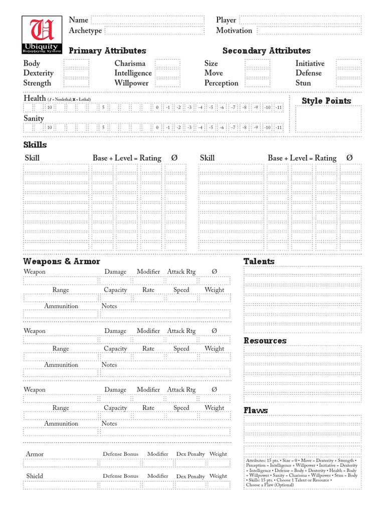 Ubiquity RPG Character Sheet | PDF | Weaponry | Unrest