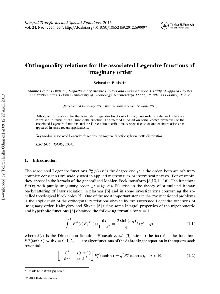 Orthogonality Relations For The Associated Legendre Functions of Imaginary Order | PDF ...